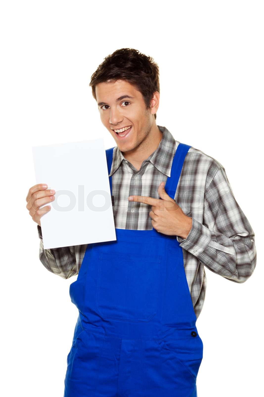 Junge Handwerker - Sanitär - Bauarbeiter auf einem weißen Hintergrund ...