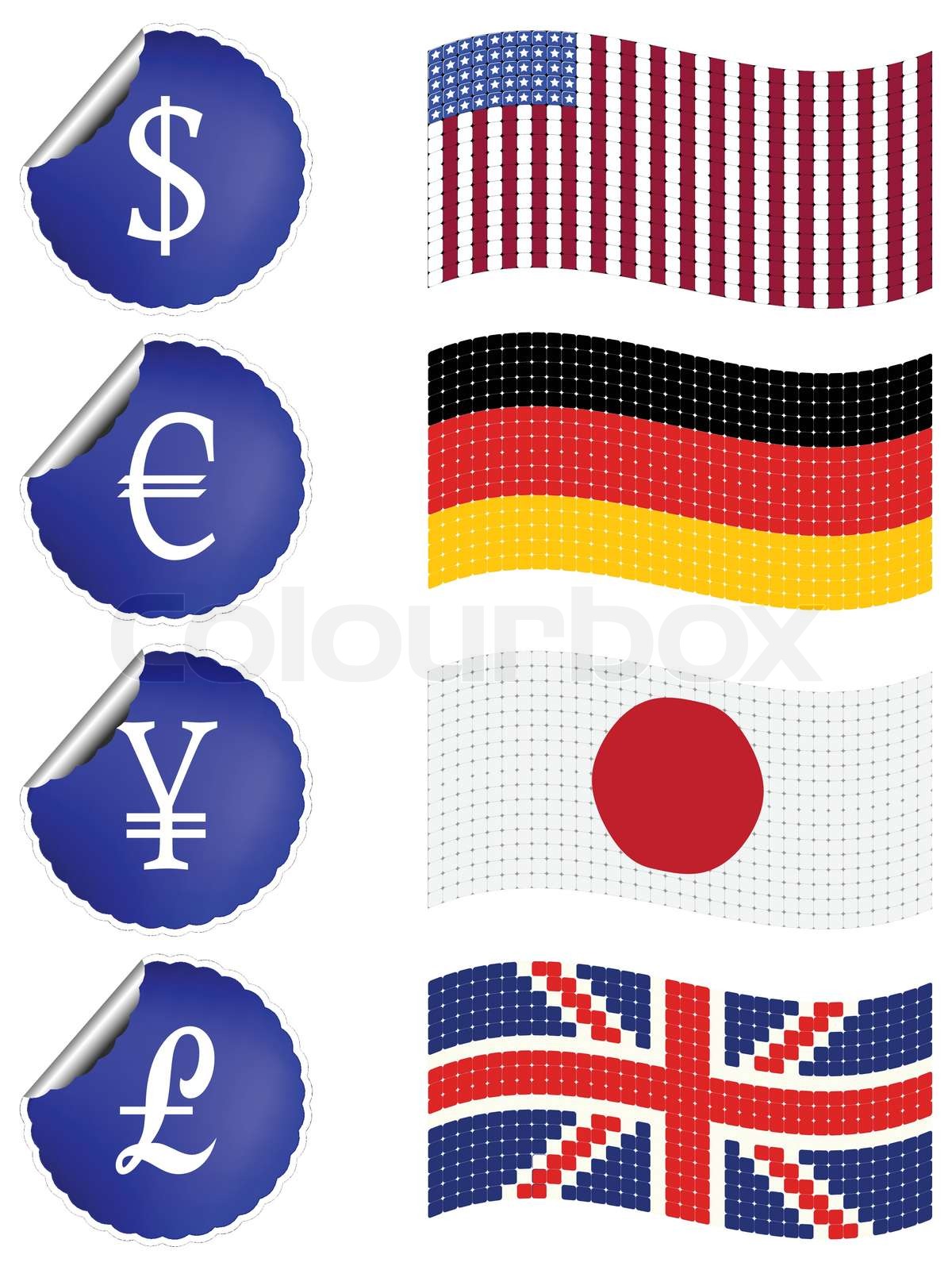 international currency labels with flags | Stock vector | Colourbox
