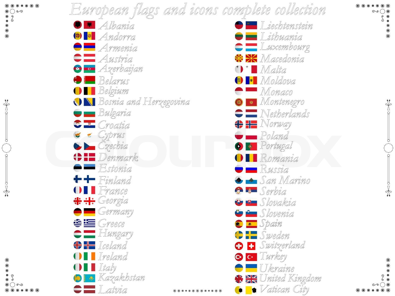 europæiske flag og ikoner komplet samling mod hvid baggrund, abstrakt ...