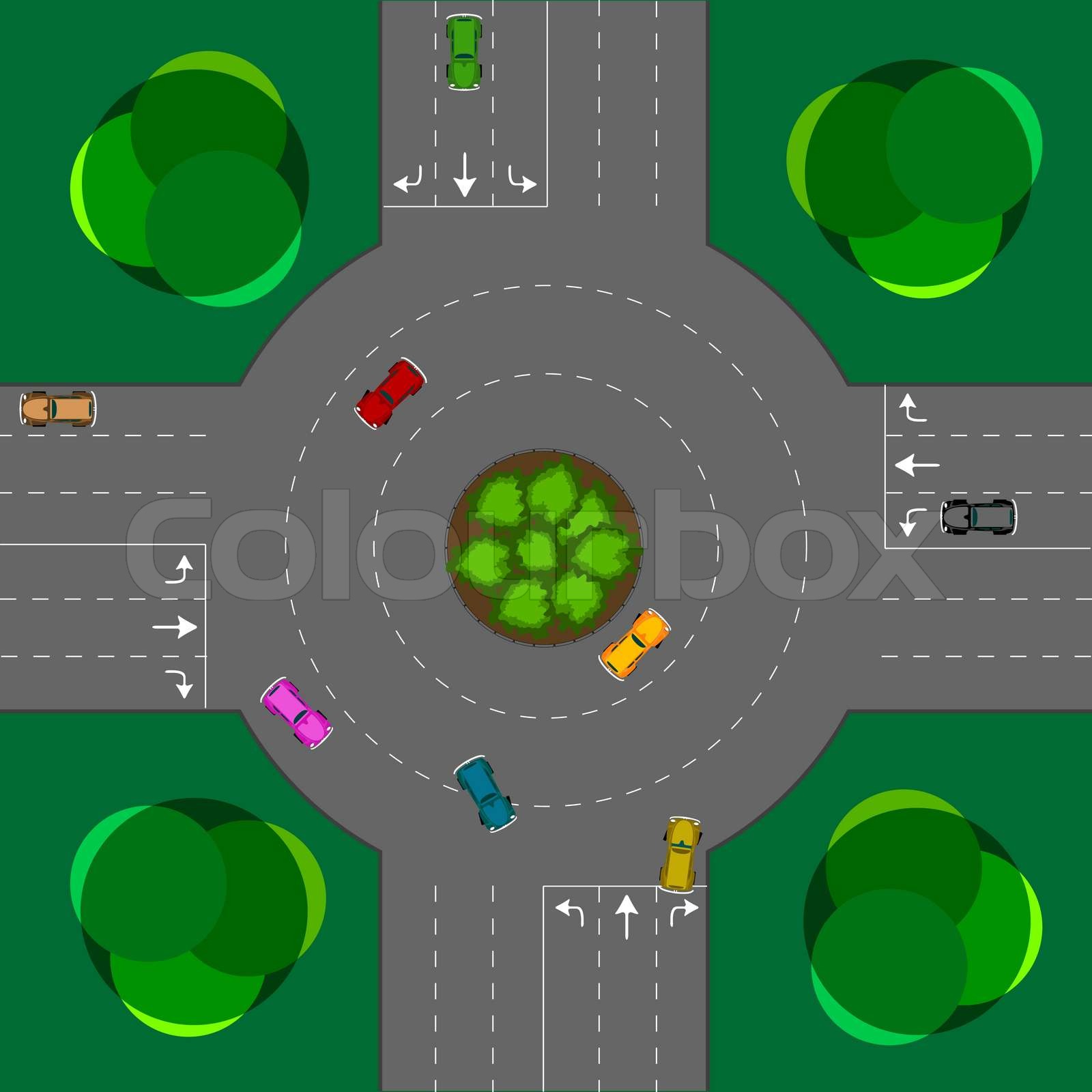round intersection, cars and trees; abstract vector art illustration ...