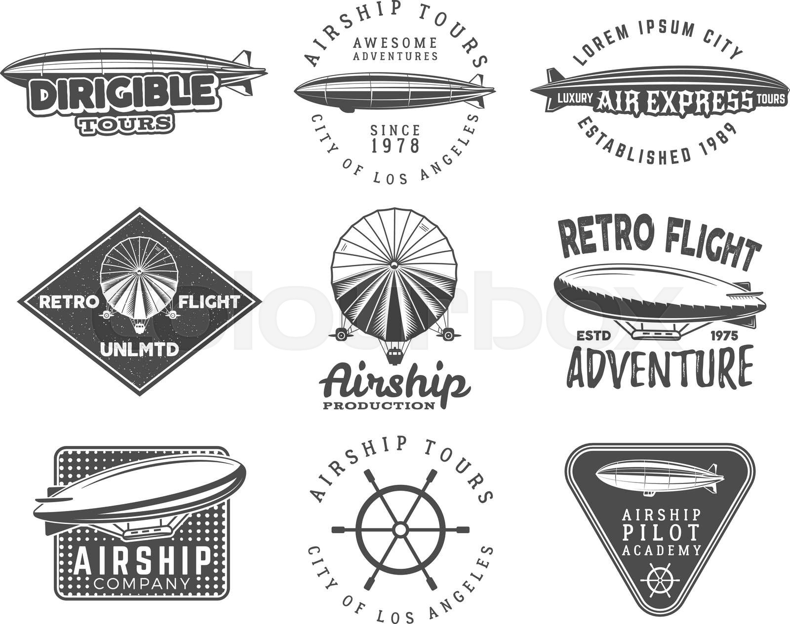 Vintage airship logo designs set. Retro Dirigible badges collection ...