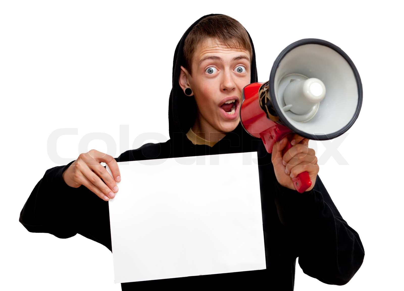 Guy with megaphone and white board. Isolated on white | Stock image ...