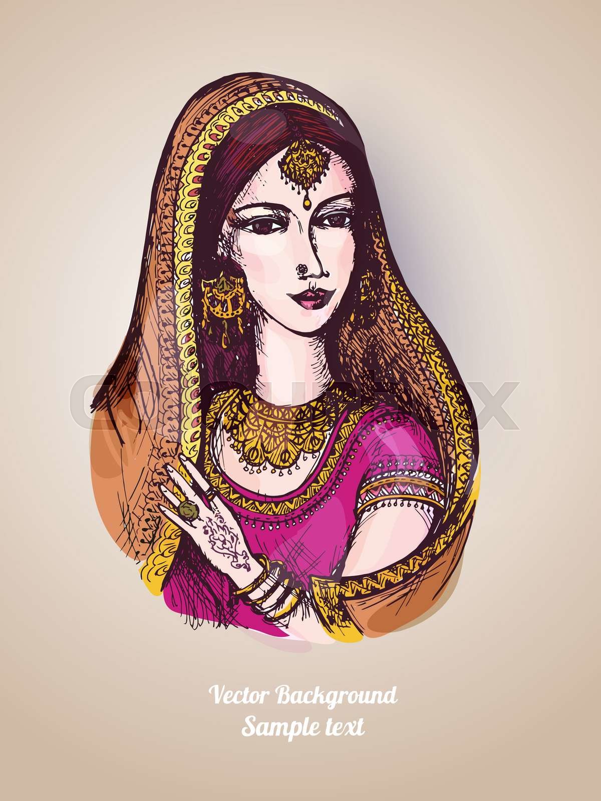 Vector drawing of an Indian woman in a sari | Stock vector | Colourbox