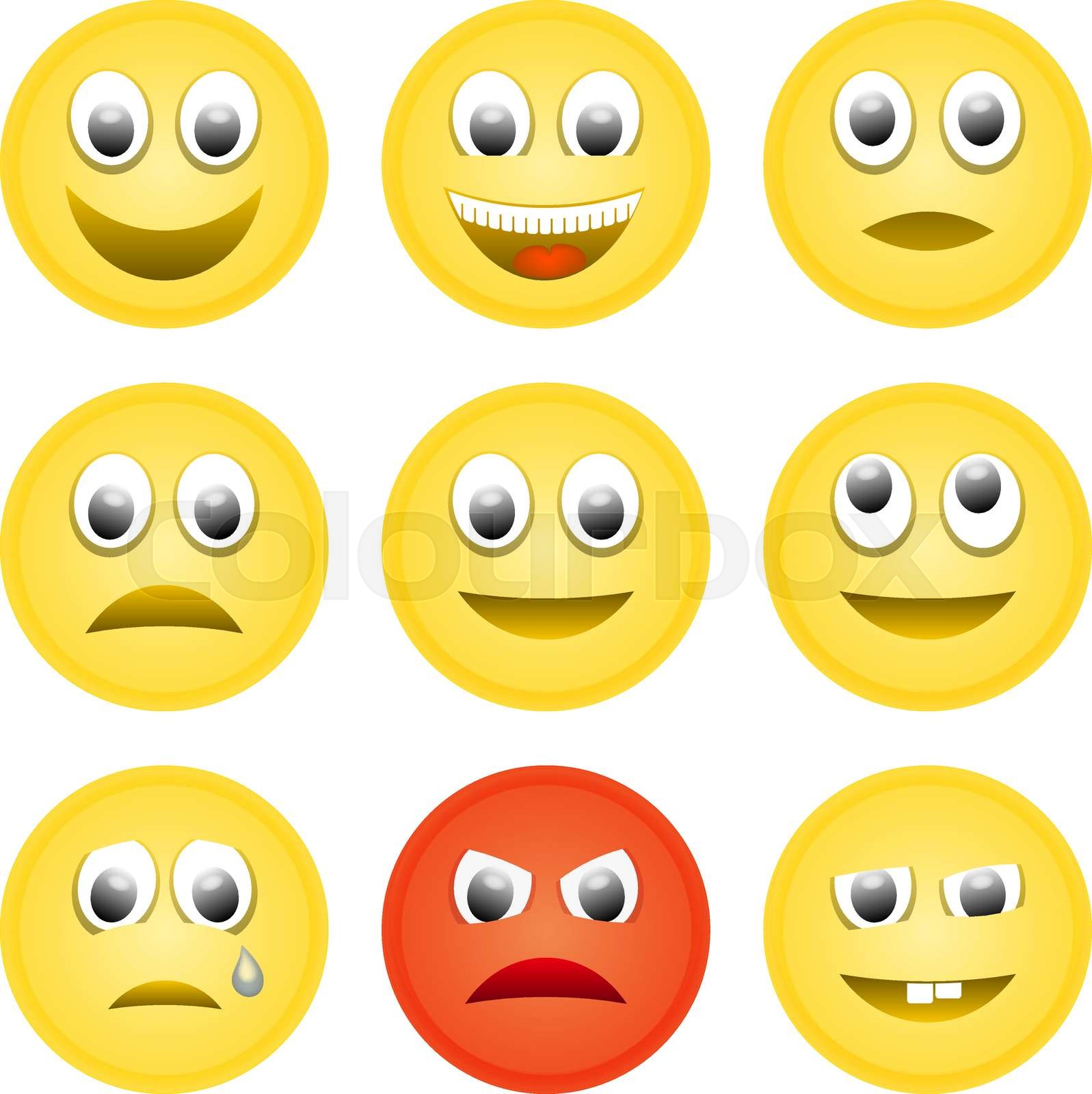 Vector illustration of the set of 9 different emoticons isolated on ...