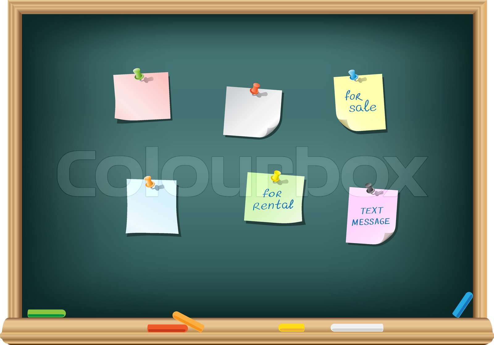 The different papers and push pins on the school blackboard | Stock ...