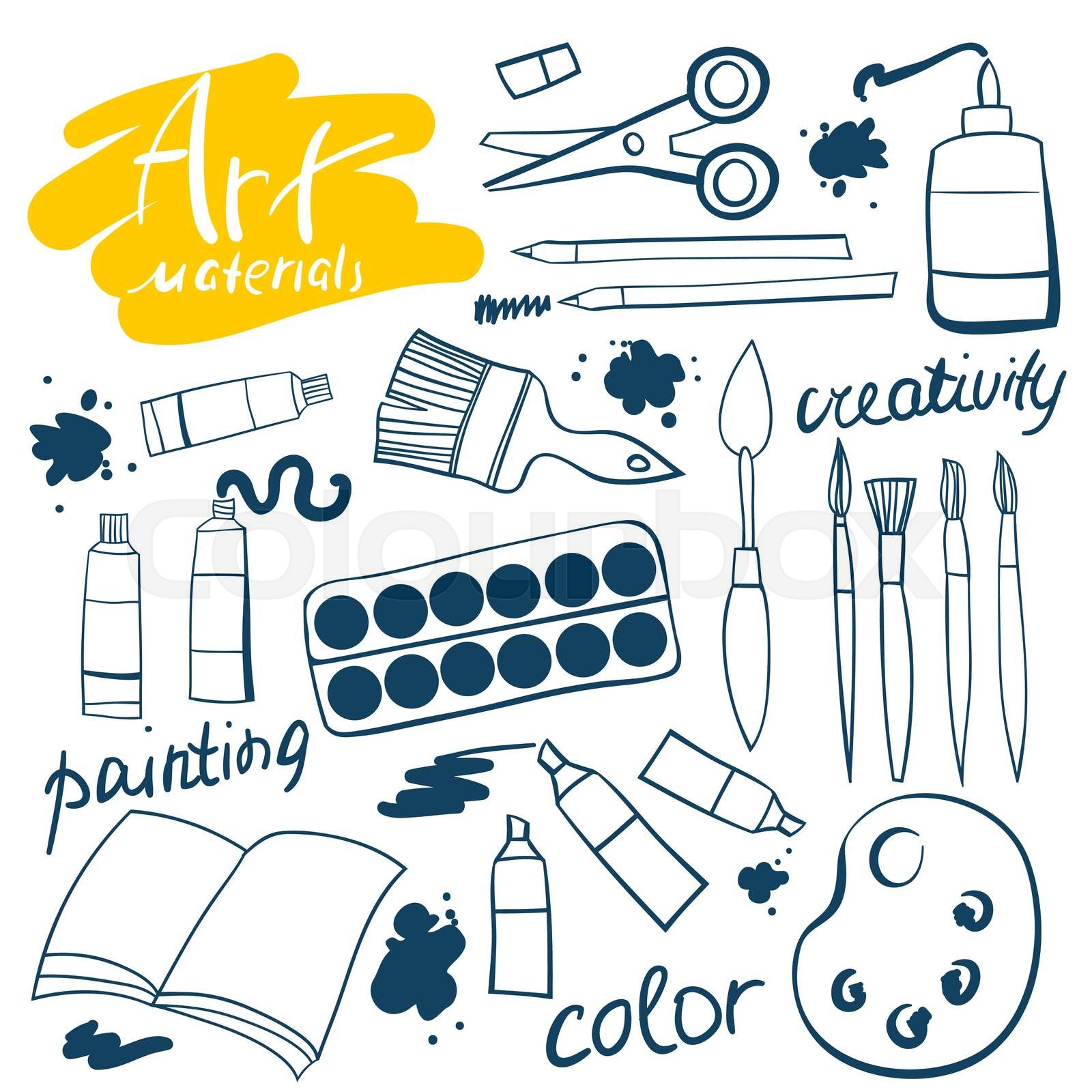 Doodle art materials collection. Hand drawn art icons set. Vector ...