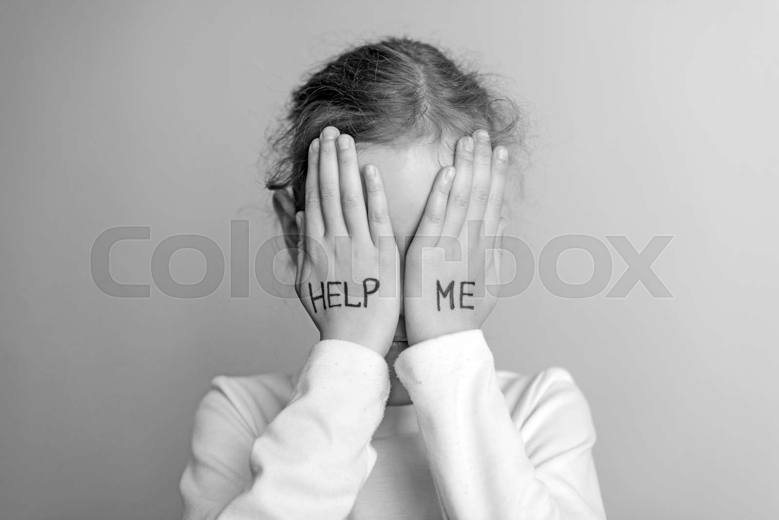 Child need help. Little girl crying. Black and white. | Stock image ...