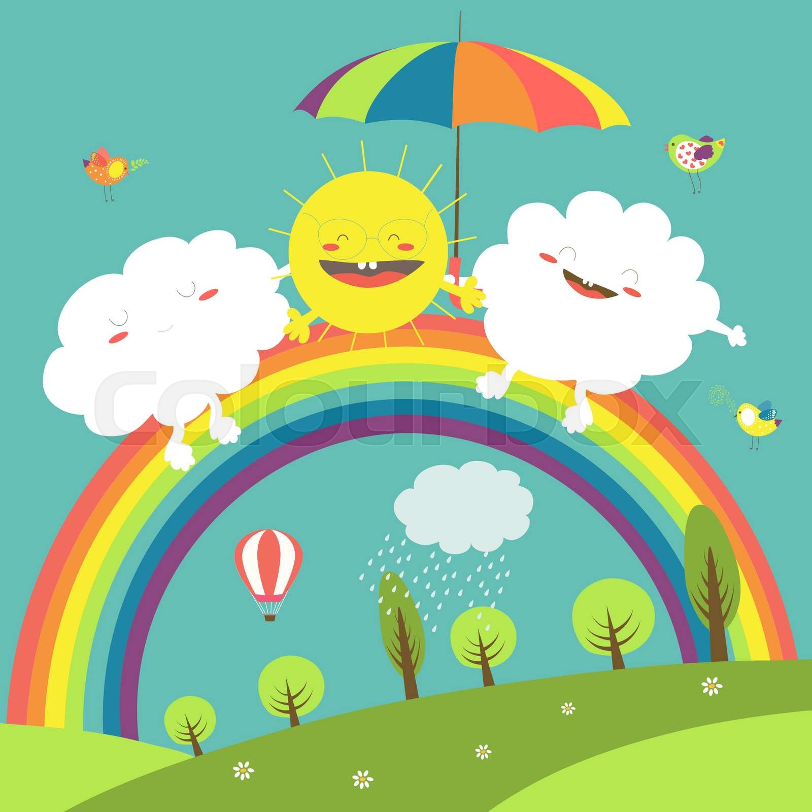 Rainbow, cloud and happy sun in the sky | Stock vector | Colourbox