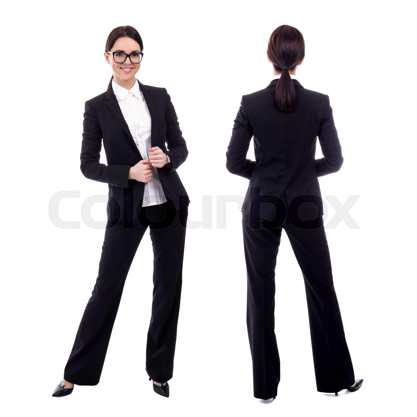 front and back view of young business woman isolated on white | Stock ...