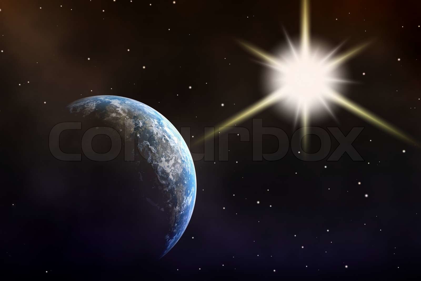 Earth, sun, stars in black space | Stock image | Colourbox