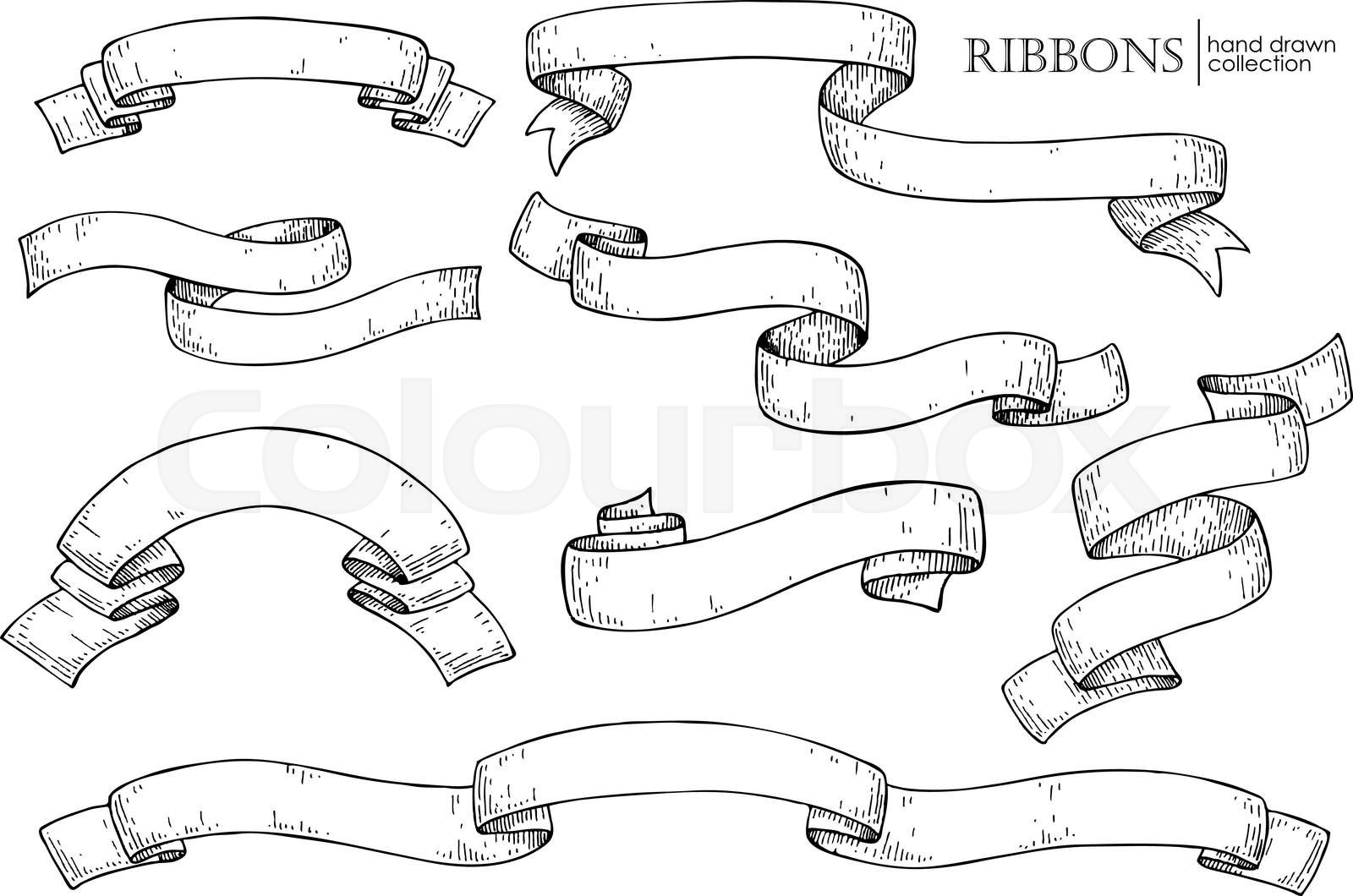 Set of hand drawn vector scrolled ribbons. Old styled engraved | Stock ...