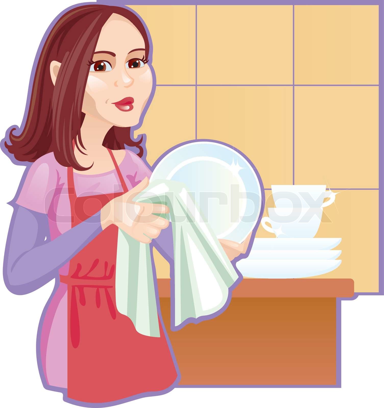 Girl wiping plates In the kitchen | Stock vector | Colourbox