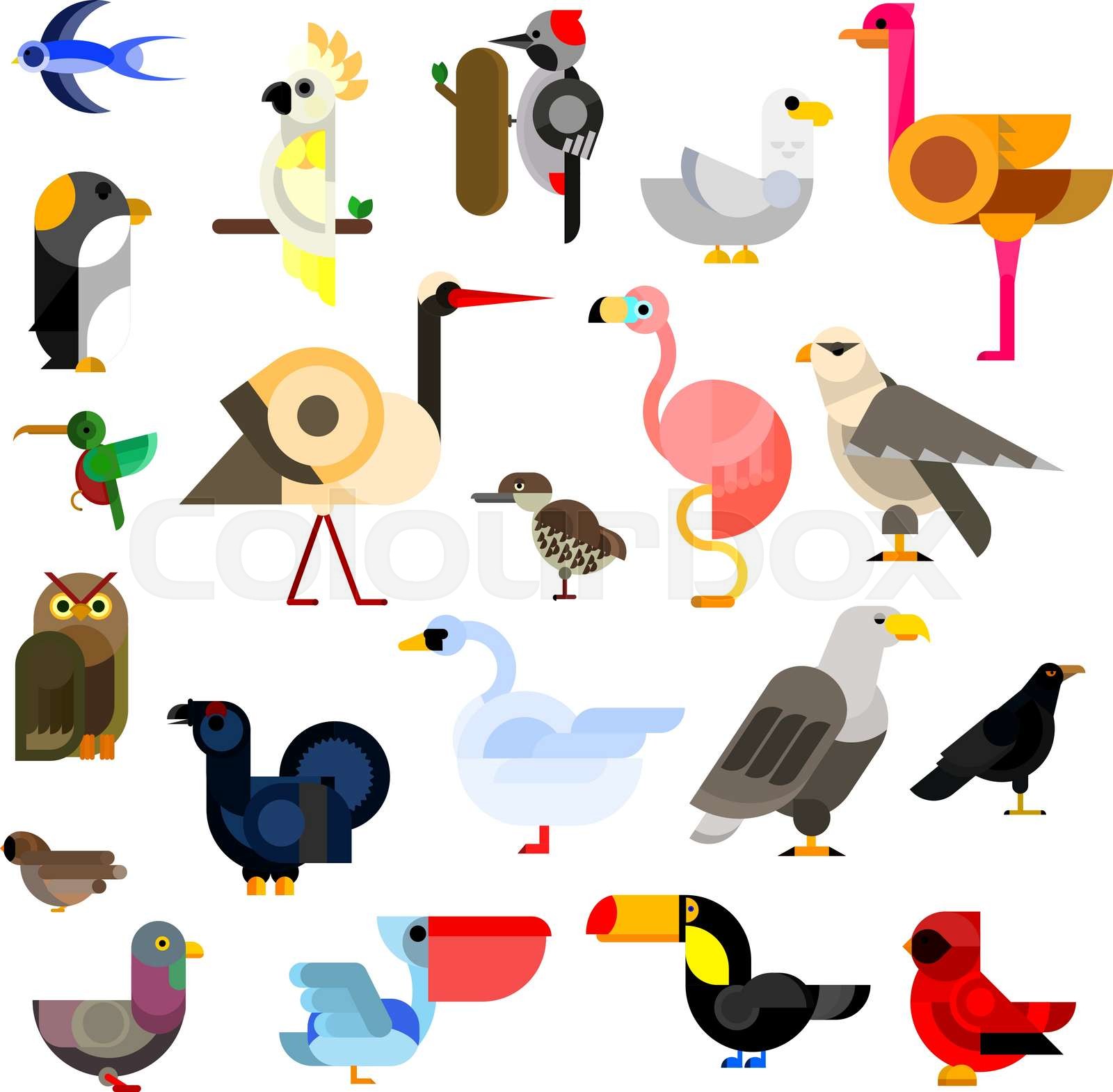 Wild, aquatic, tropical and urban birds flat icons | Stock vector ...