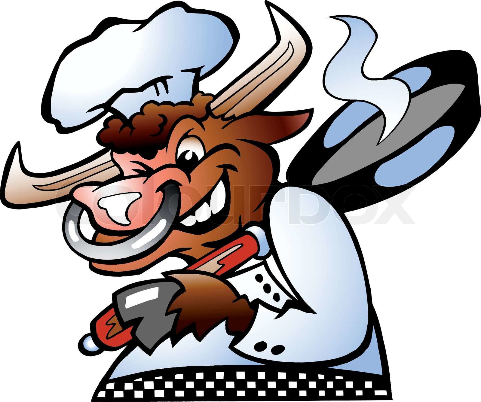 Hand-draw Vector illustration of an Bull Chef holding a Pan over his ...
