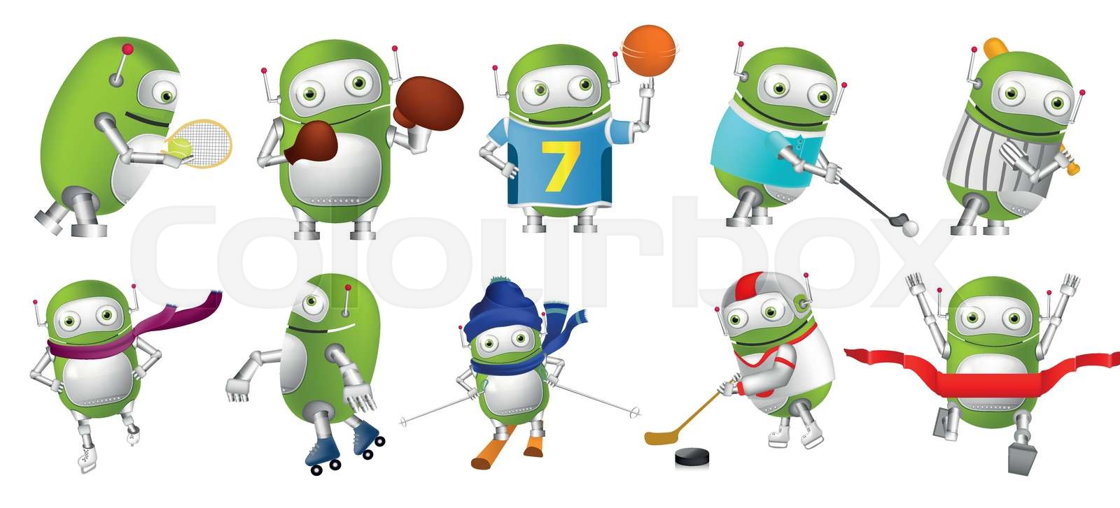 Vector set of green robots sport illustrations. | Stock vector | Colourbox