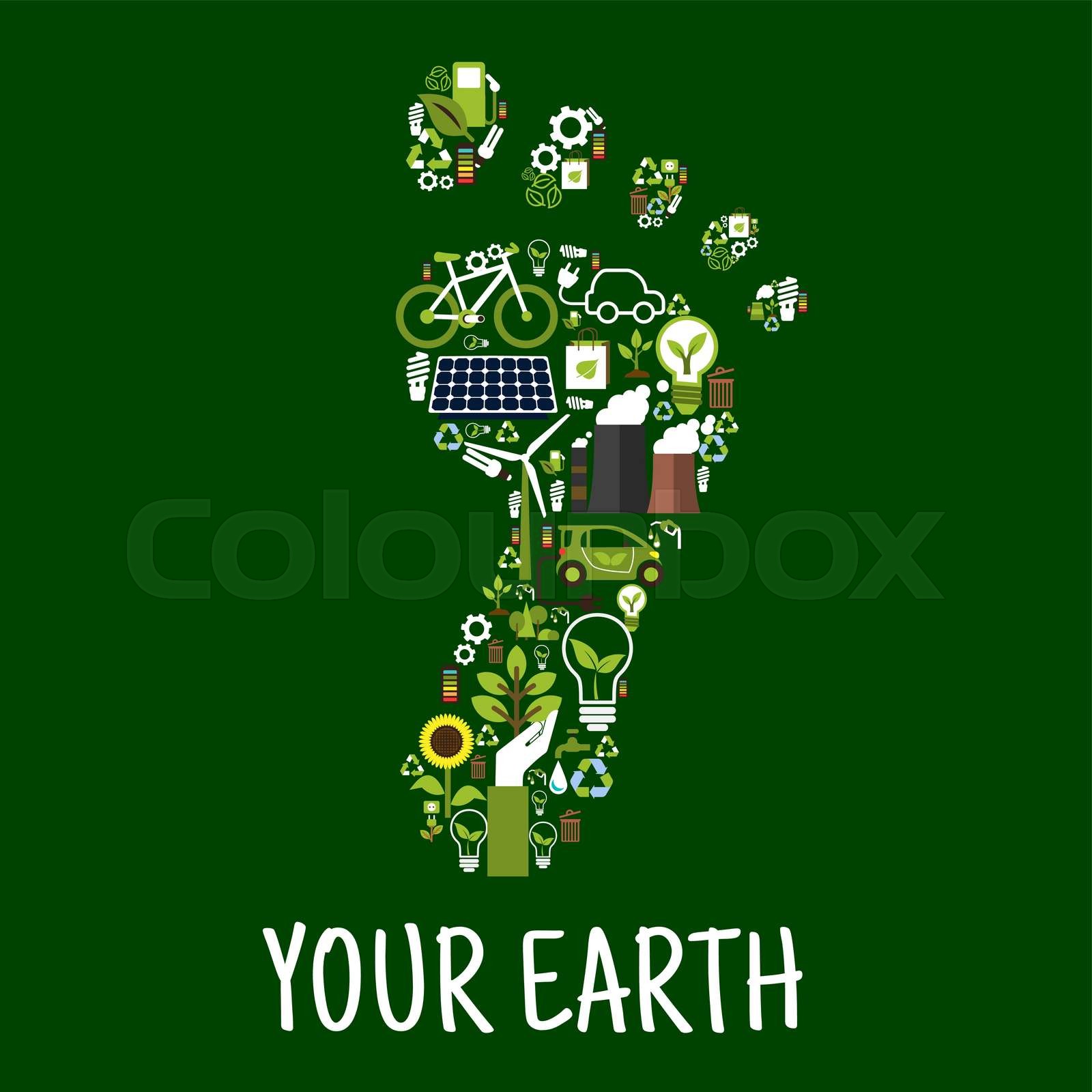 Footprint symbol with flat ecological icons | Stock vector | Colourbox