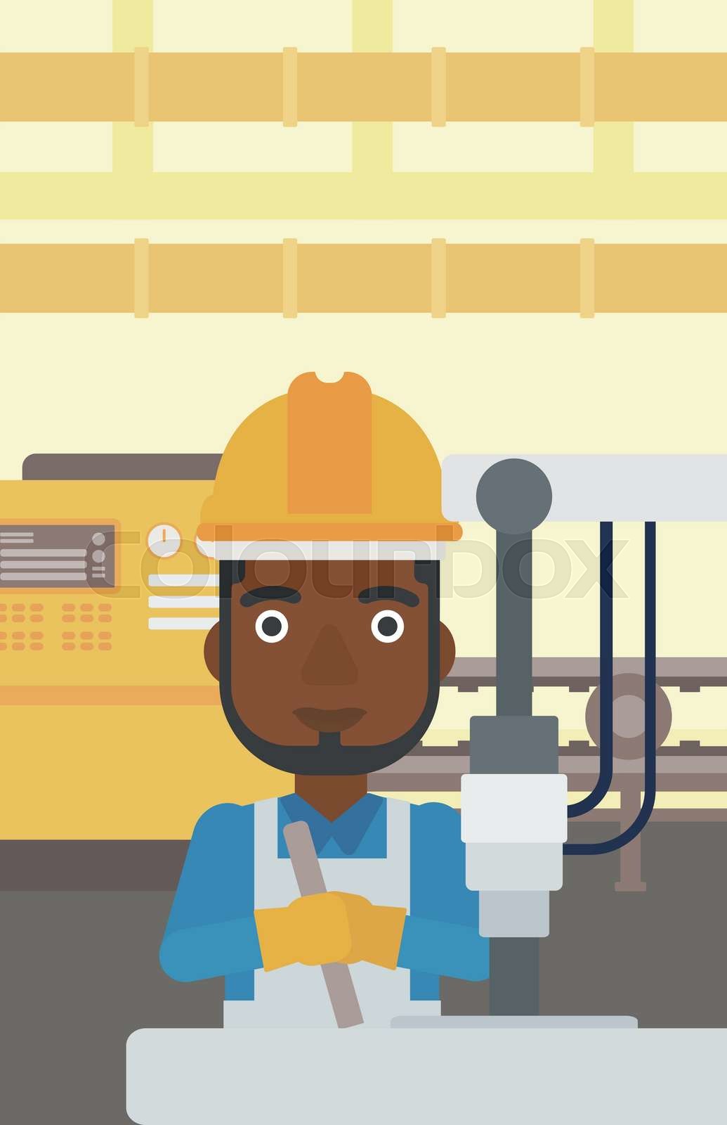 Man working on industrial drilling machine. | Stock vector | Colourbox