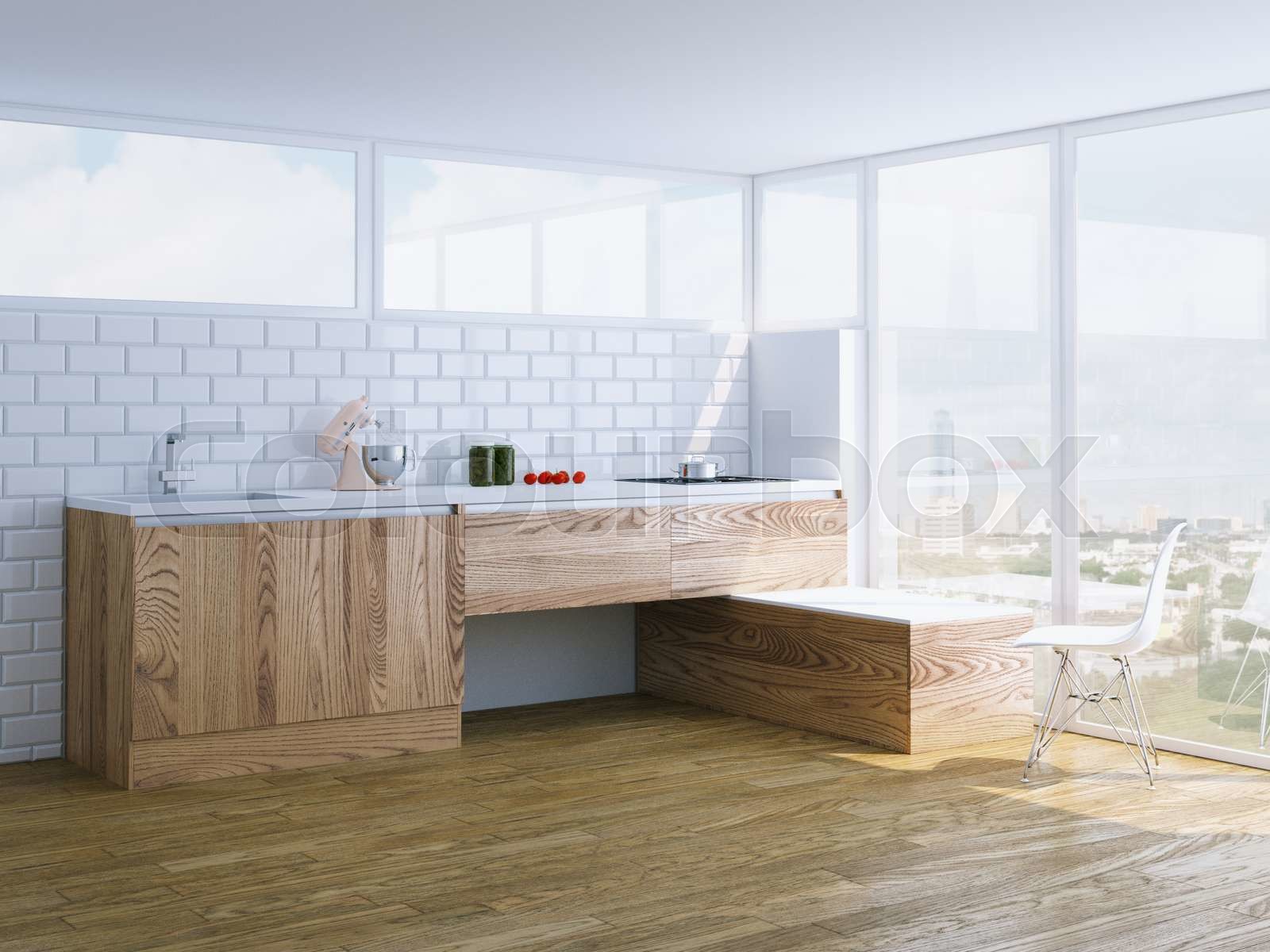 modern wooden kitchen interior with panoramic window | Stock image ...