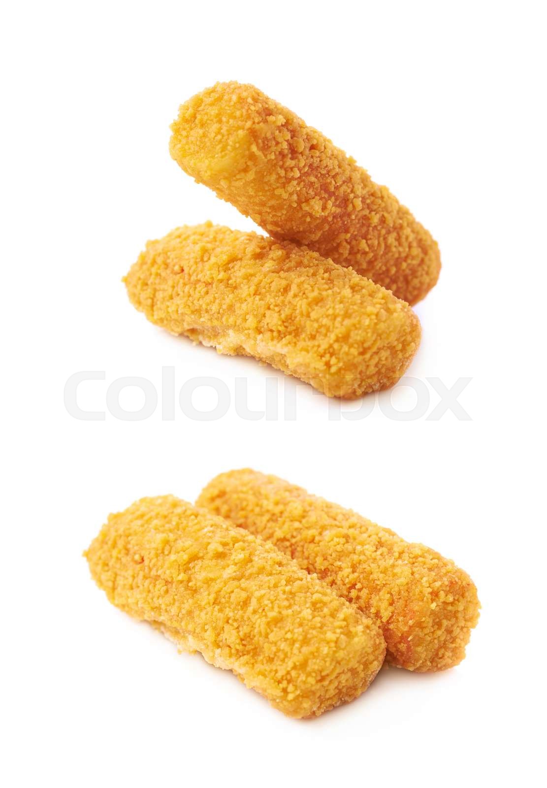 Pile of breaded crab sticks isolated | Stock image | Colourbox
