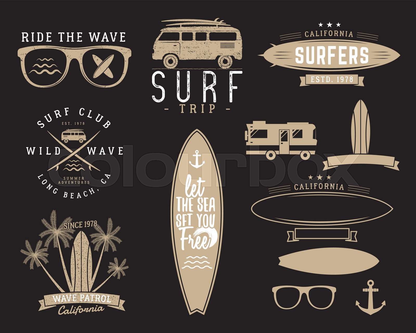 Set of Vintage Surfing Graphics and Emblems for web design or print ...
