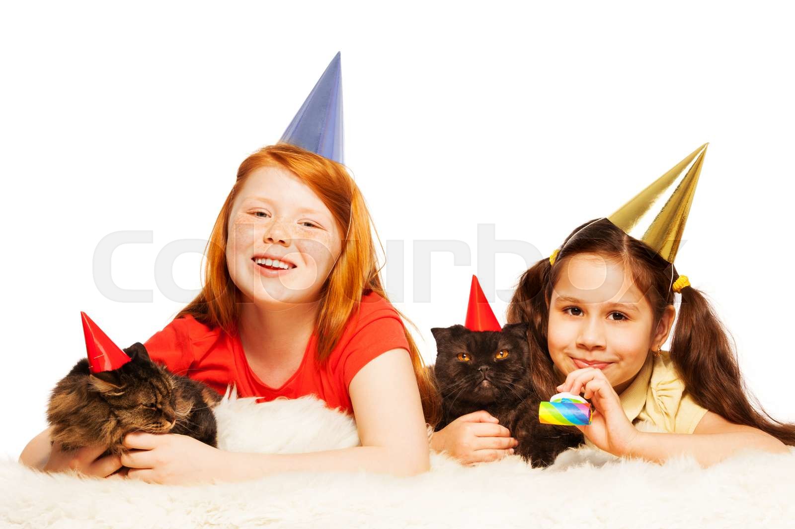 Two girls play party game with their cats | Stock image | Colourbox