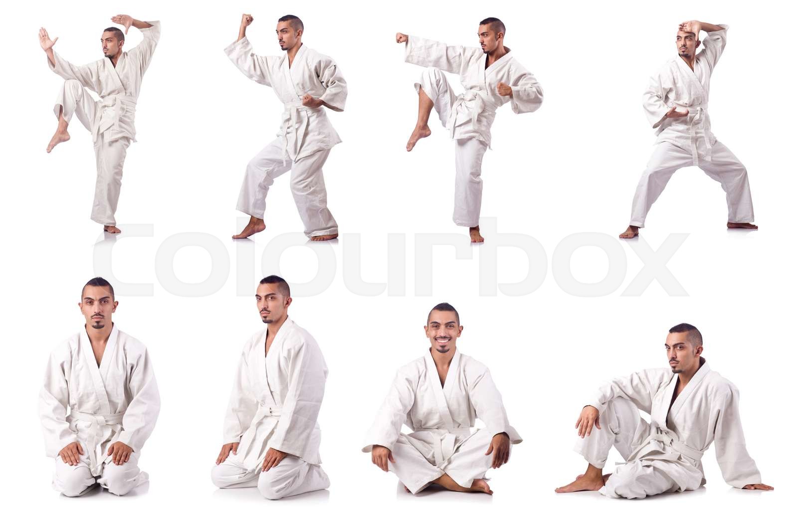 Collage of karate player in kimono isolated on white | Stock image ...