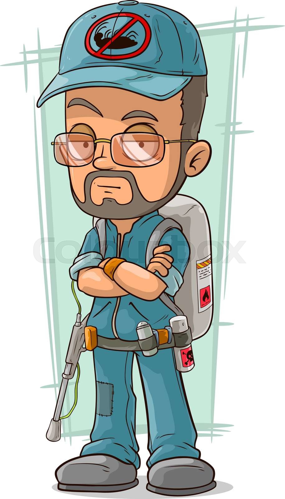 Cartoon bearded exterminator in blue uniform | Stock vector | Colourbox