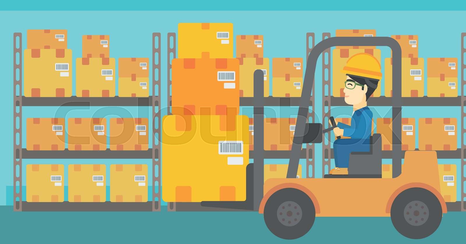 Warehouse worker moving load by forklift truck. | Stock vector | Colourbox