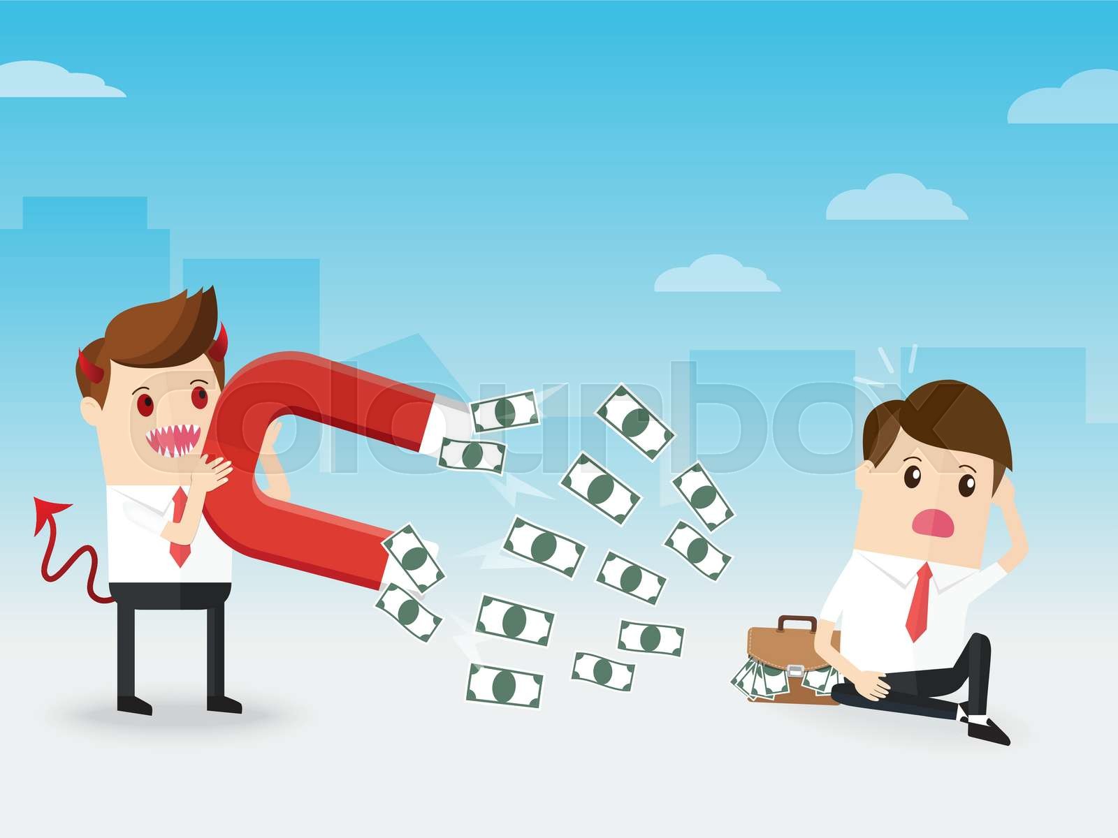 demon businessman using huge magnet attract banknote from coworker ...