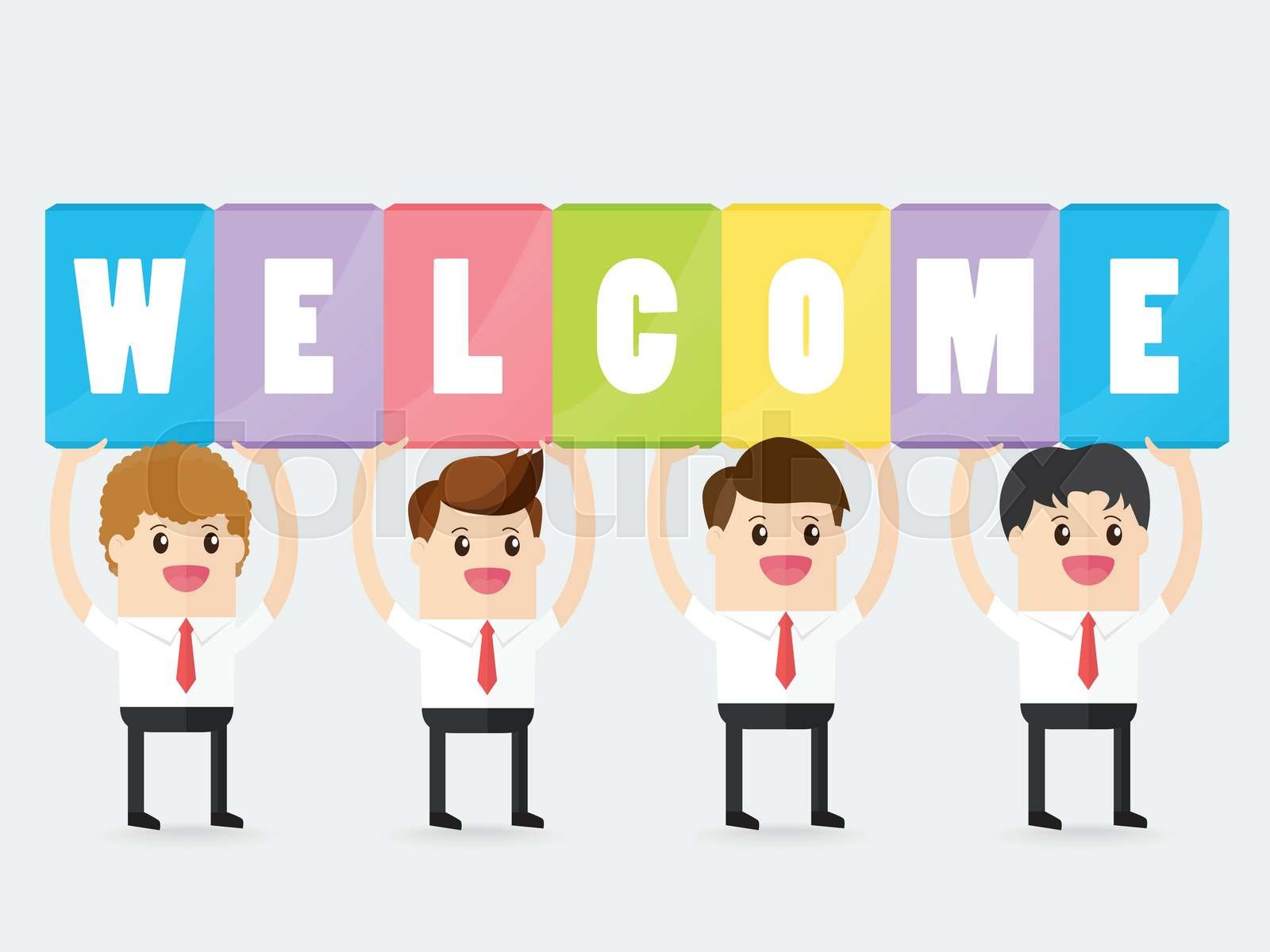 collaborative team work of businessman carrying sign board with word ...