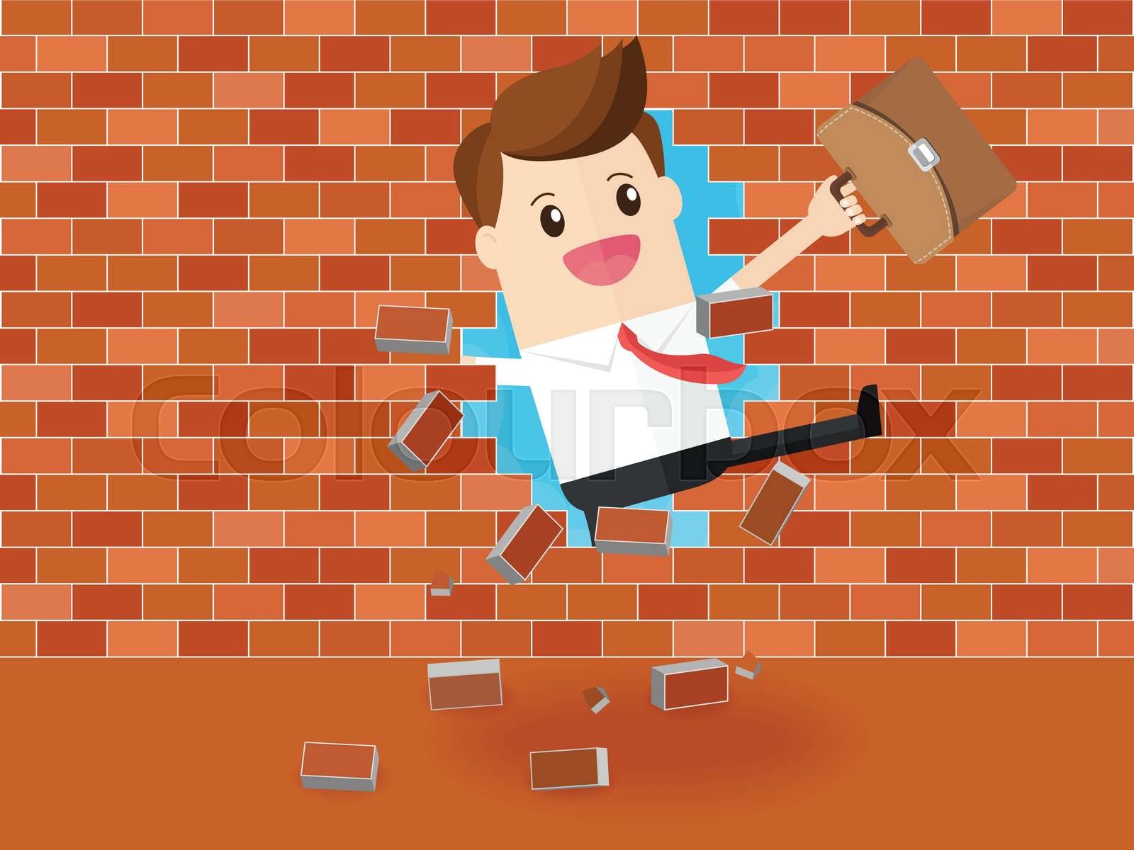businessman breaking through a brick wall | Stock vector | Colourbox
