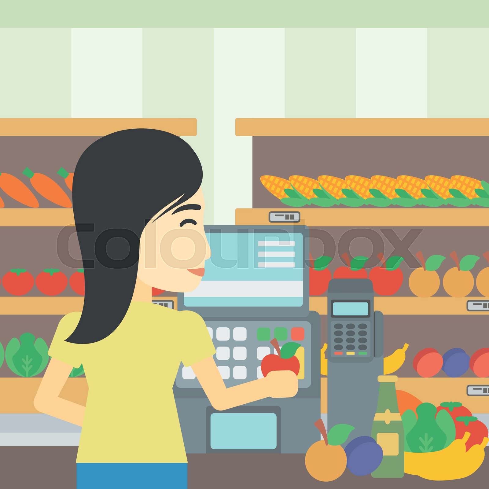 Cashier standing at the checkout in supermarket. | Stock vector | Colourbox