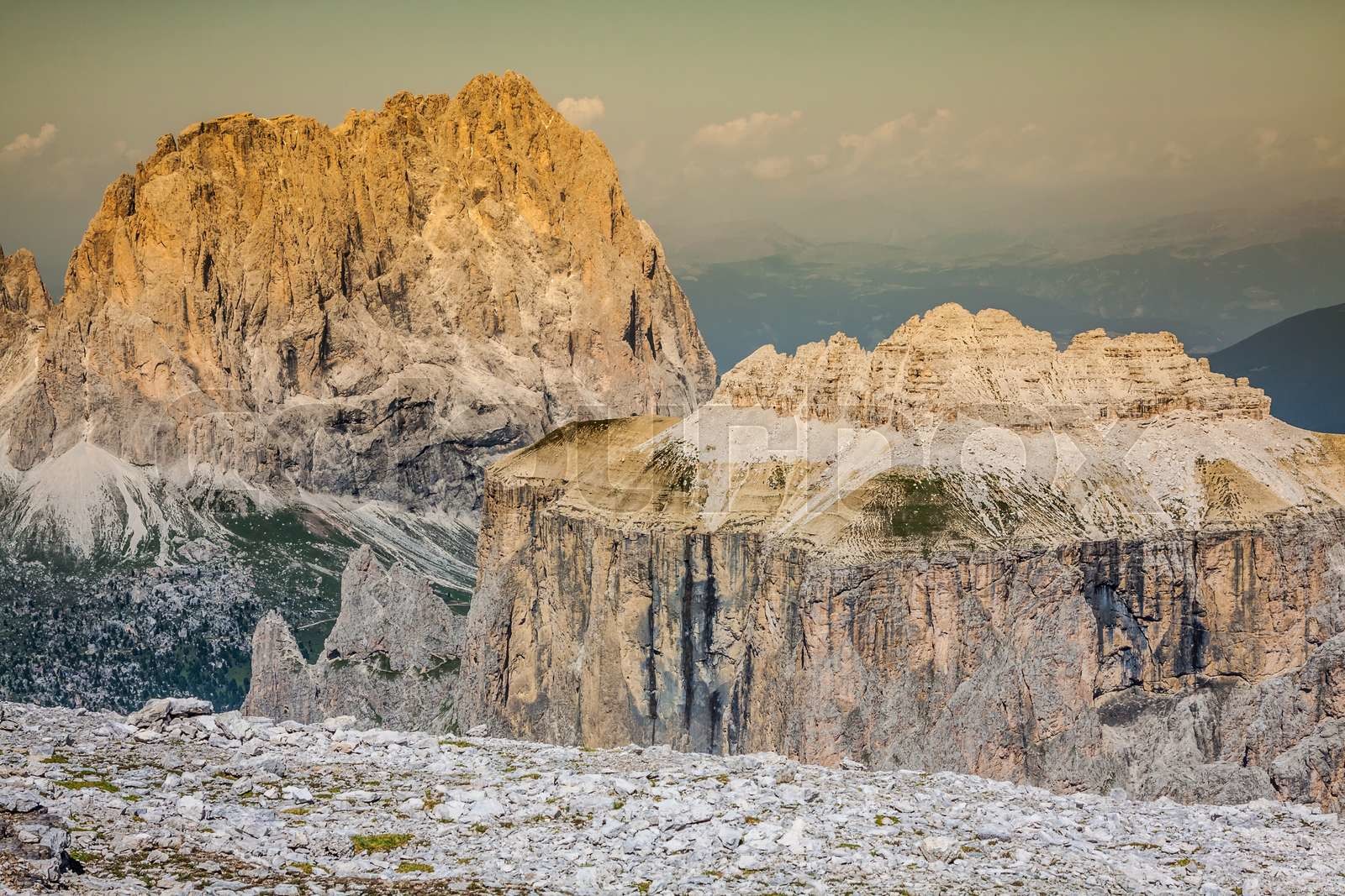 summer view of Sass Pordoi mount and Fassa Valley, Italian Dolimites ...