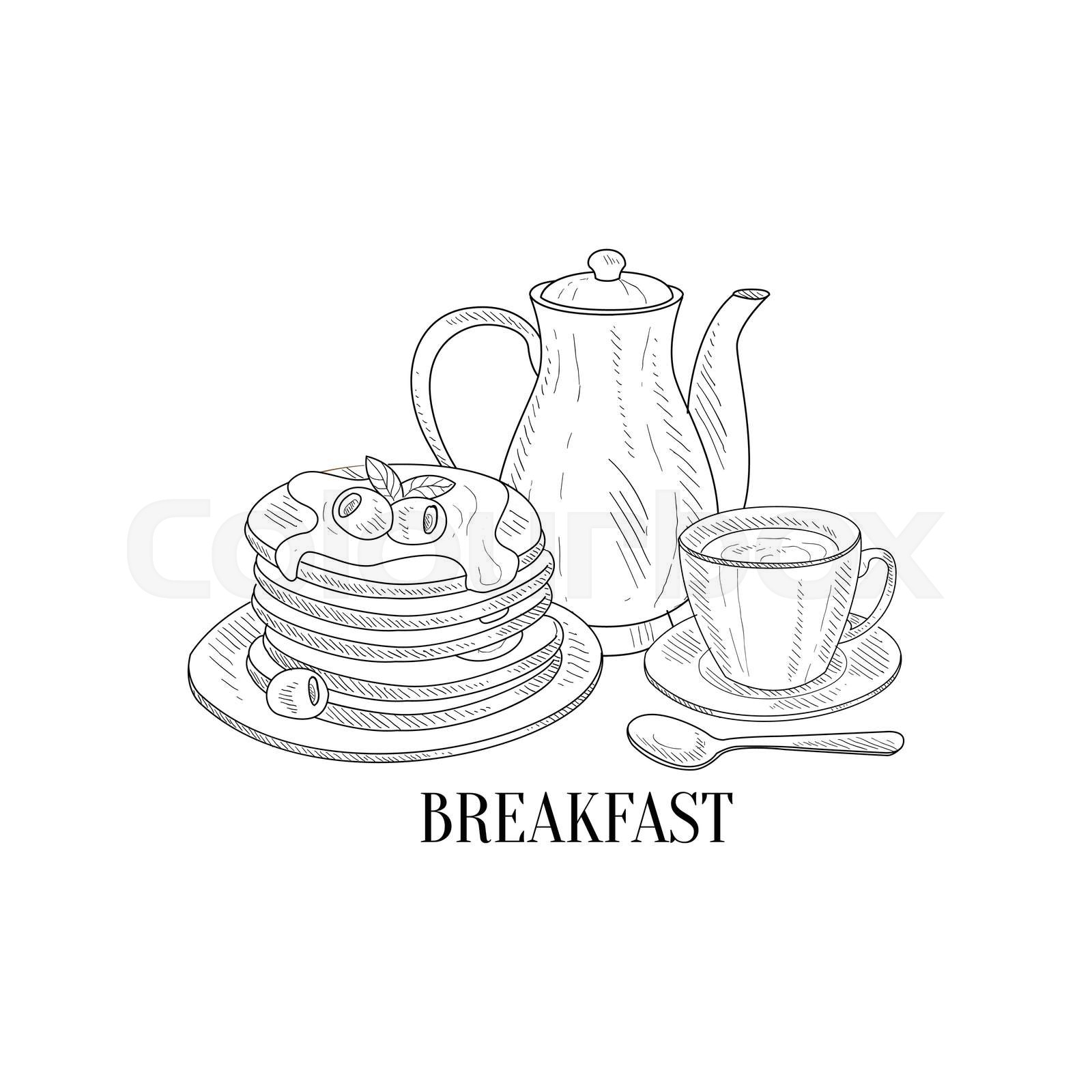 American Breakfast With Pancakes And Coffee Hand Drawn Realistic Sketch ...