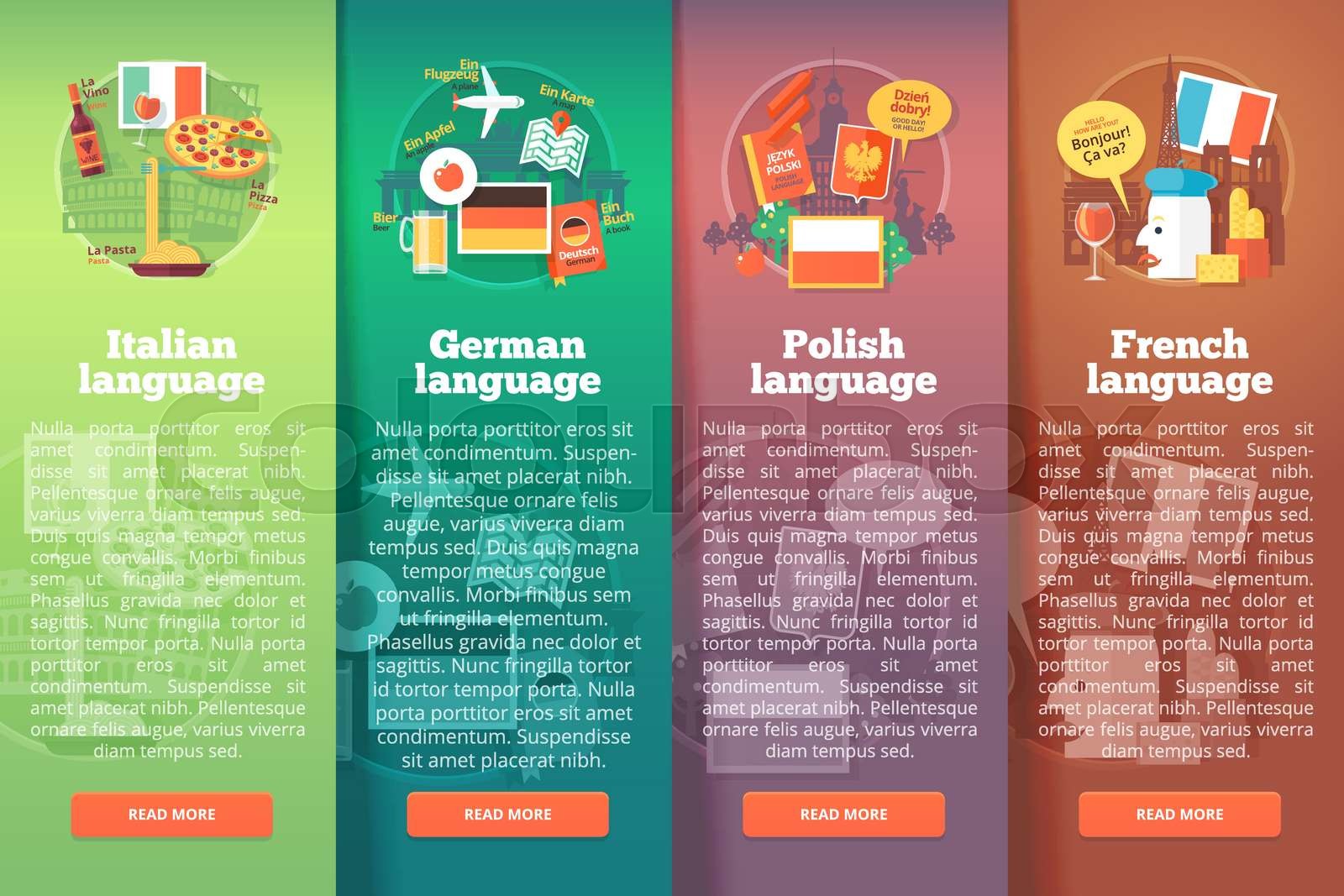 Vertical banners set of foreign language schools. Flat vector colorful ...