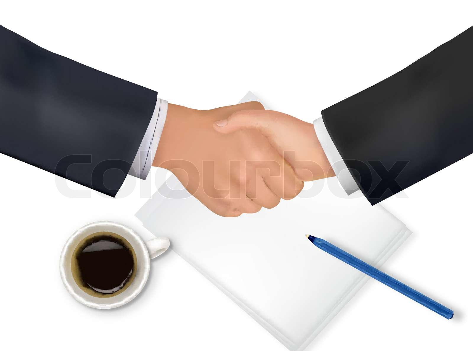 Handshake over paper and pen. Photo-realistic vector illustration ...