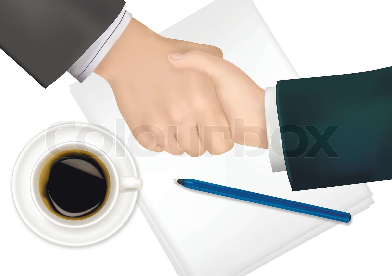 Handshake over paper and pen. Photo-realistic vector illustration ...