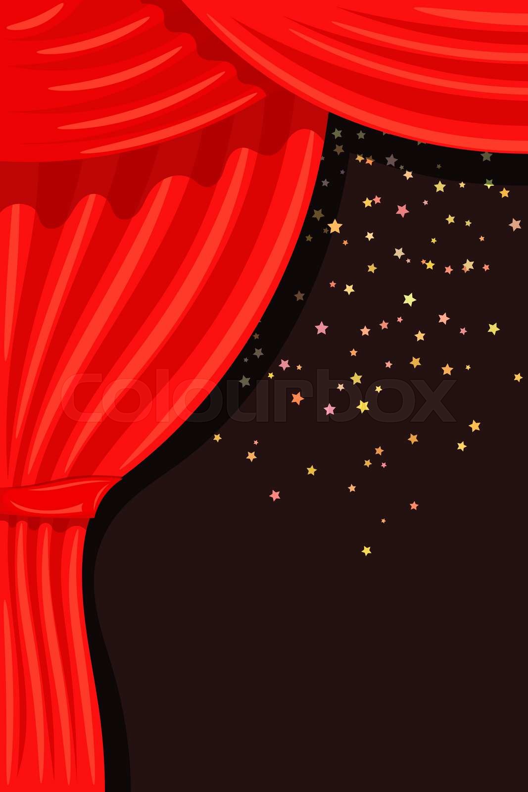 Cartoon theater with open curtain and rays of spotlights, falling stars ...