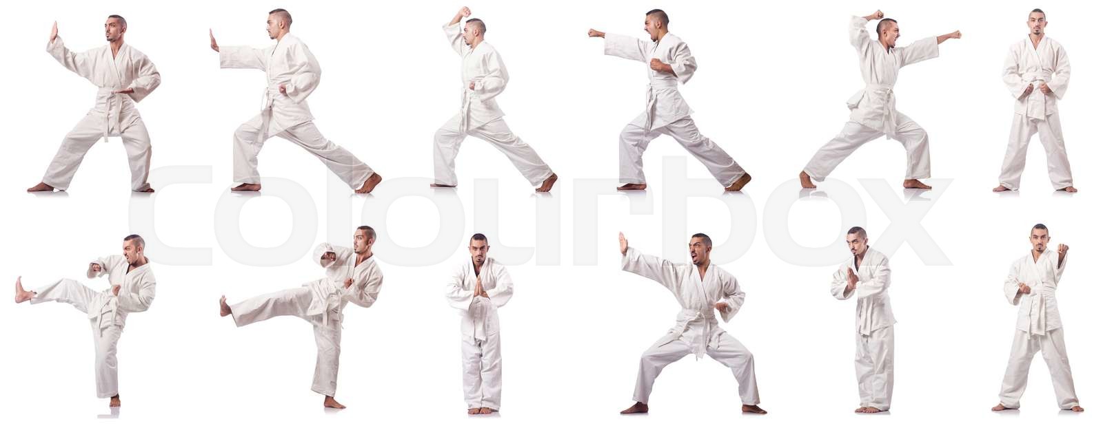Collage of karate player in kimono isolated on white | Stock image ...