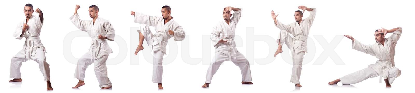Collage of karate player in kimono isolated on white | Stock image ...