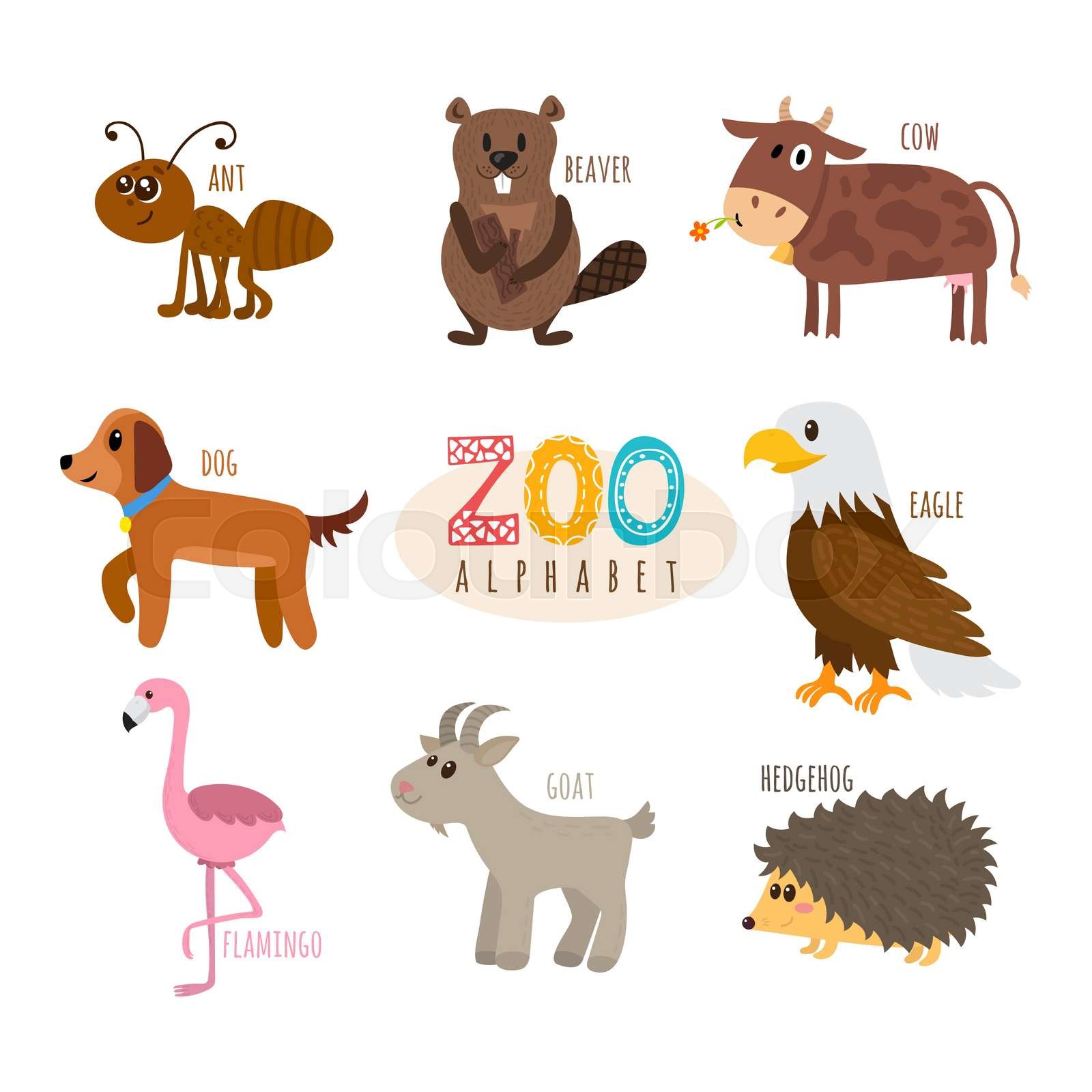 ABC. Cute zoo alphabet in vector. Funny cartoon animals. Ant, beaver ...