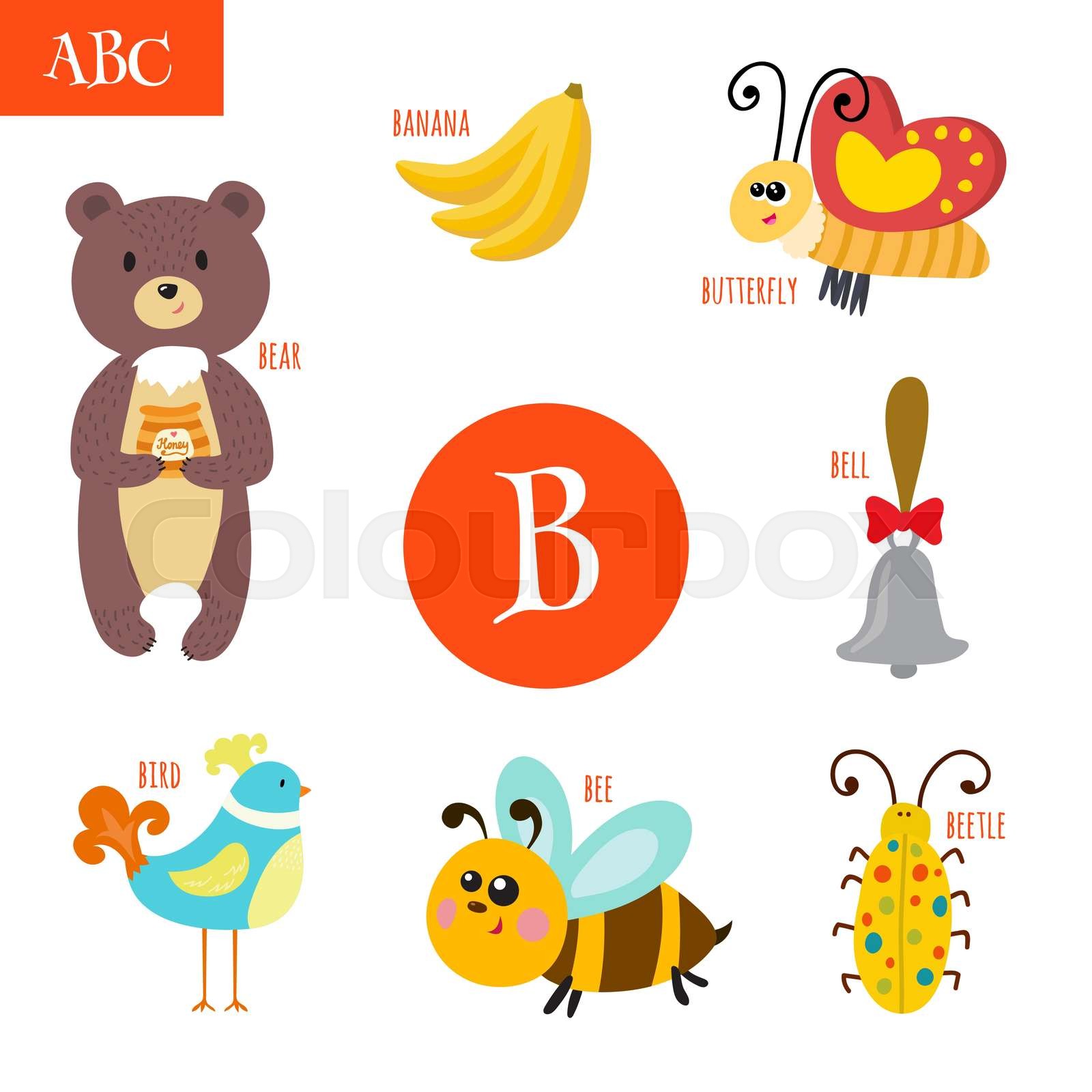 Letter B. Cartoon alphabet for children. Bear, bee, bell, bird, bug ...