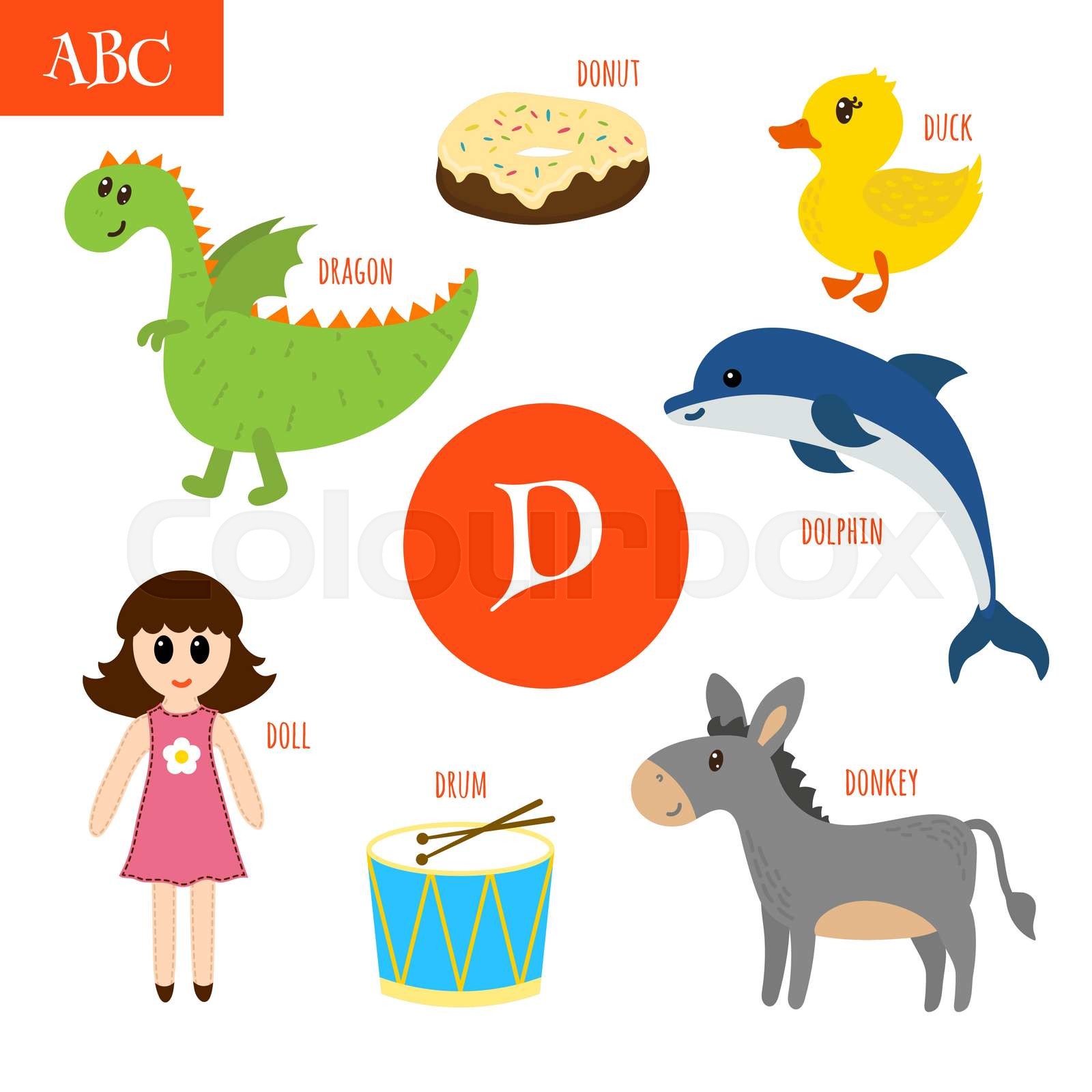 Letter D. Cartoon alphabet for children. Duck, drum, dolphin, doll ...
