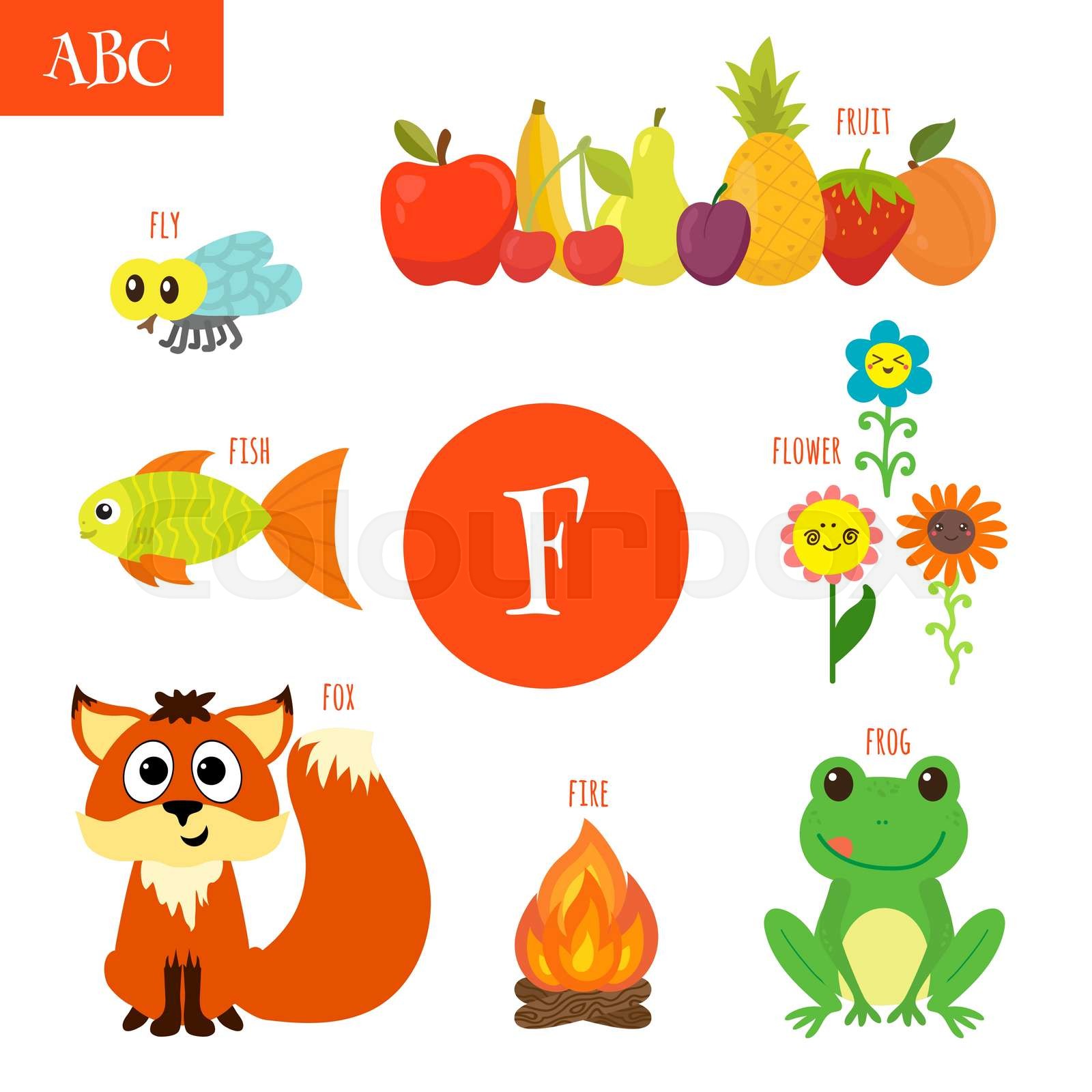 Letter F. Cartoon alphabet for children. Flower, fox, fire, frog, fish ...