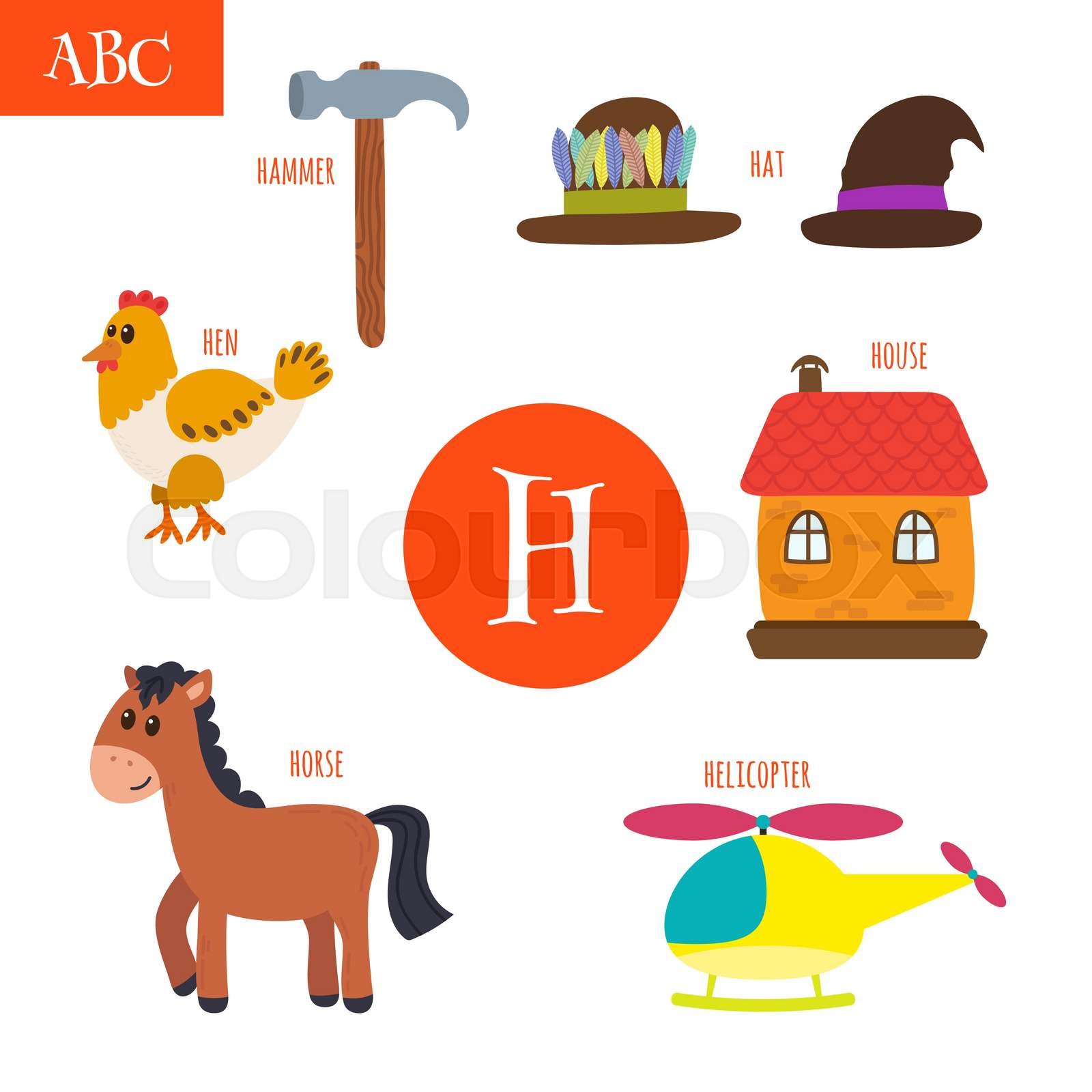 Letter H. Cartoon alphabet for children. Hen, horse, hat, house ...