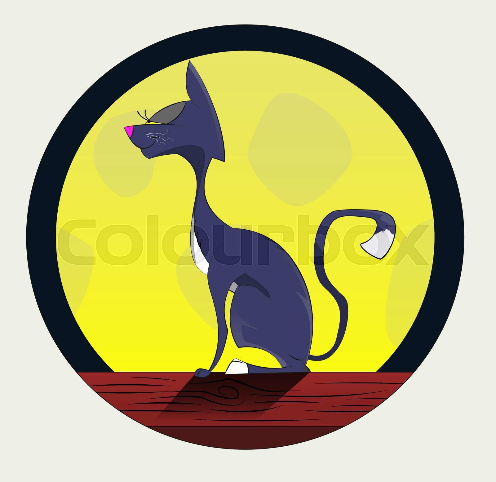 Cartoon cat on roof with moon behind. | Stock vector | Colourbox