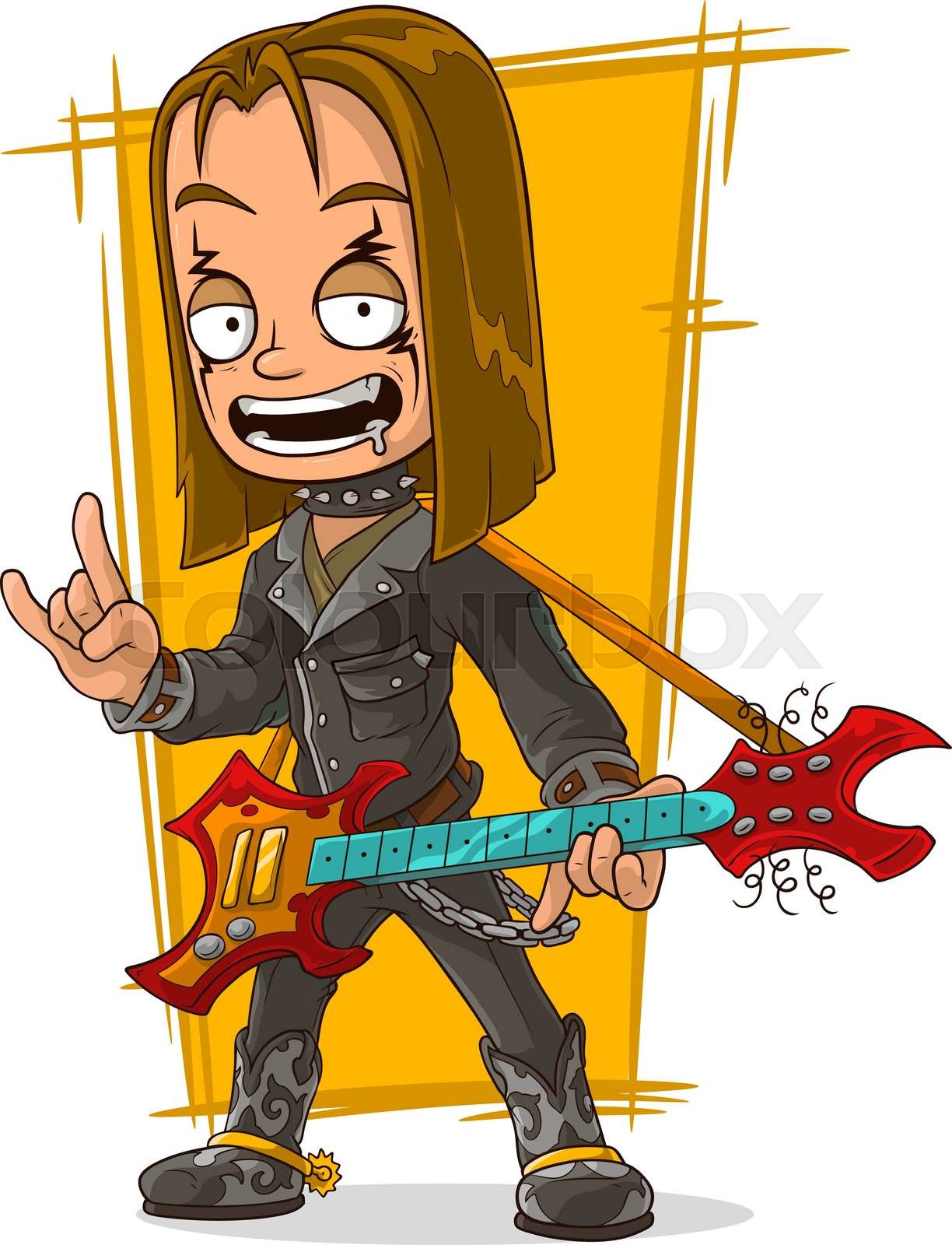 Cartoon long hair rocker in black leather jacket | Stock vector | Colourbox