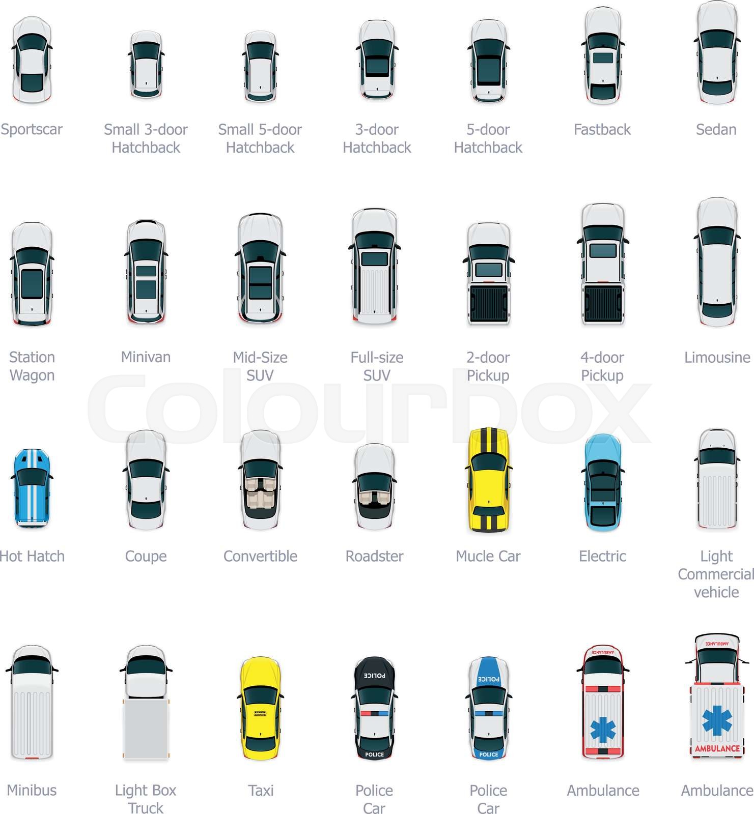 Vector overhead view cars and trucks set | Stock vector | Colourbox