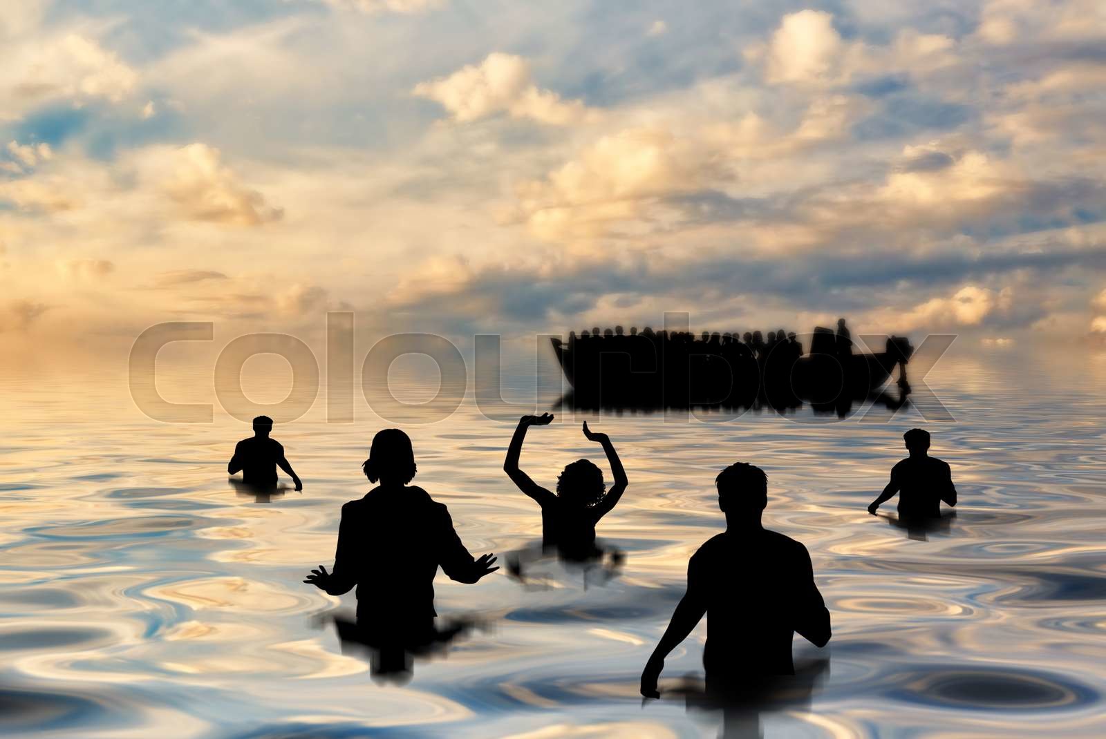 Refugees swim to shore | Stock image | Colourbox
