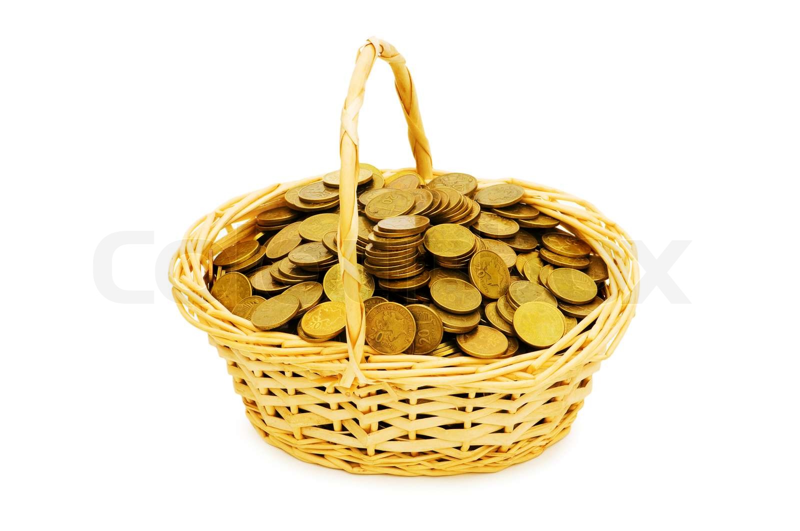 Basket full of coins isolated on white | Stock image | Colourbox